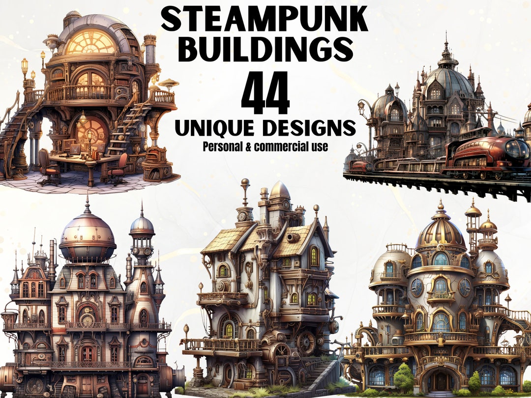 Steampunk Buildings Clipart Bundle - Watercolor Steampunk Pngs ...