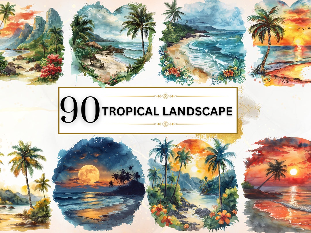 Tropical Clipart Watercolor Summer Clipart Sunset Landscapes PNG Sea ...