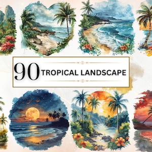 Tropical Clipart Watercolor Summer Clipart Sunset Landscapes PNG Sea ...