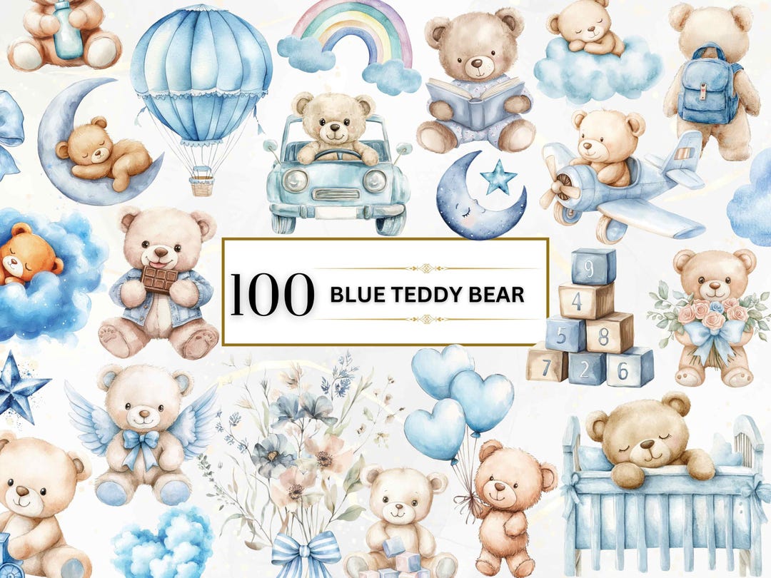 Blue Teddy Bear Watercolor Clipart Teddy Bear PNG Blue Baby Shower ...