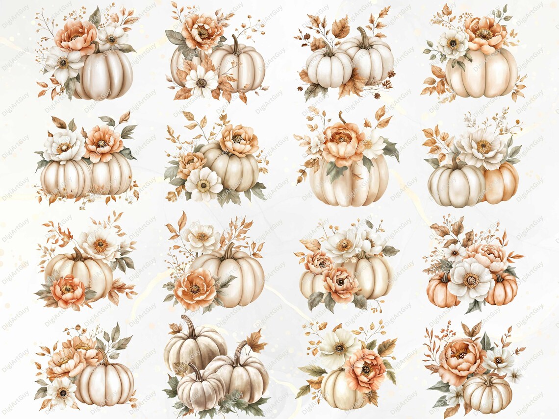 Floral Pumpkin Clipart Watercolor Autumn Clipart Flower Pumpkin PNG ...