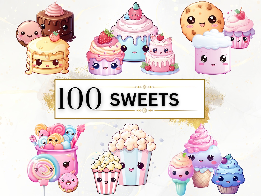 Kawaii Clipart Bundle - 100 Cute Kawaii PNG Clipart Set, Kawaii Food ...