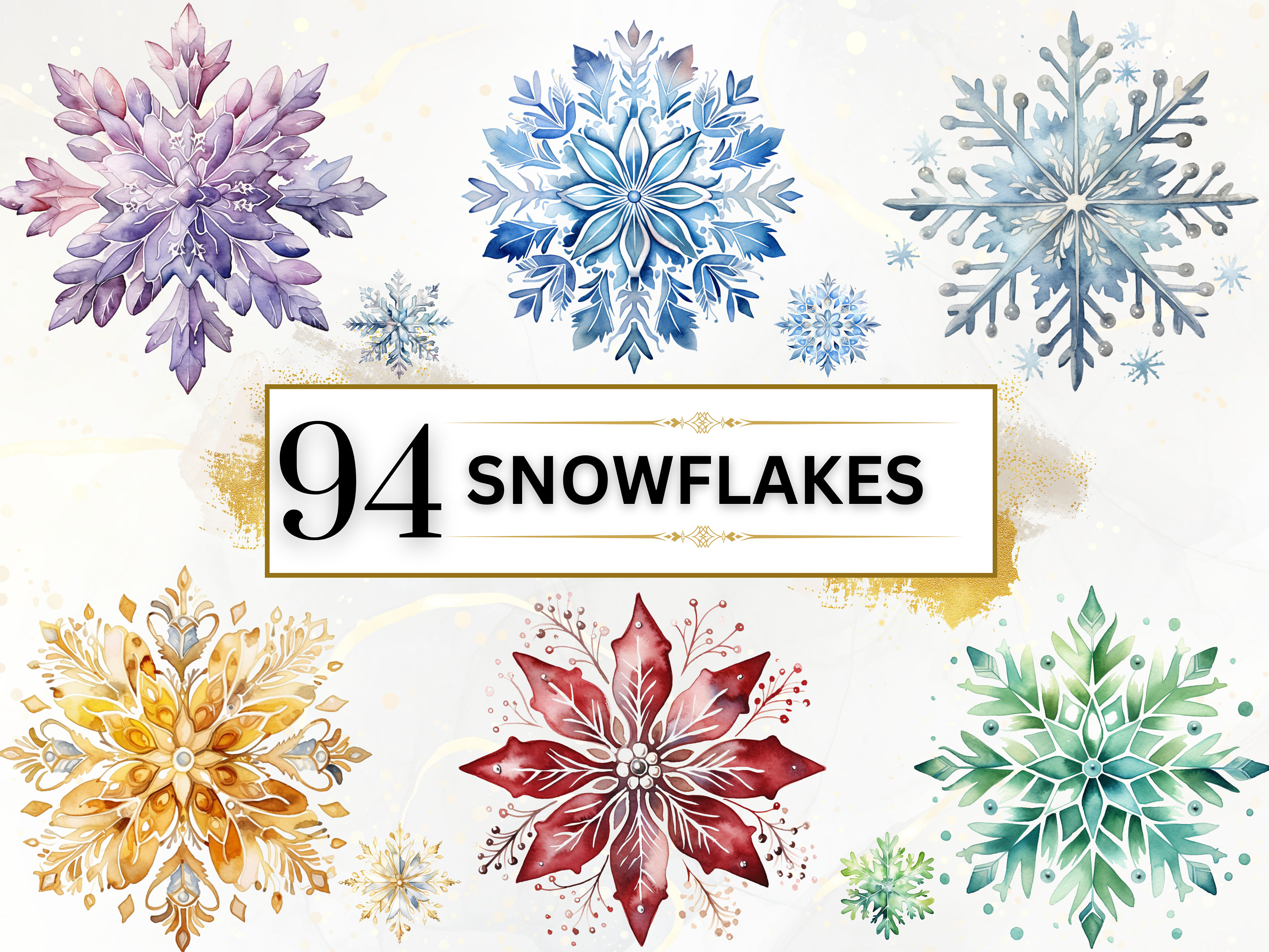 Snowflake Clipart Bundle - 94 Watercolor Winter Clipart Pngs, Winter ...