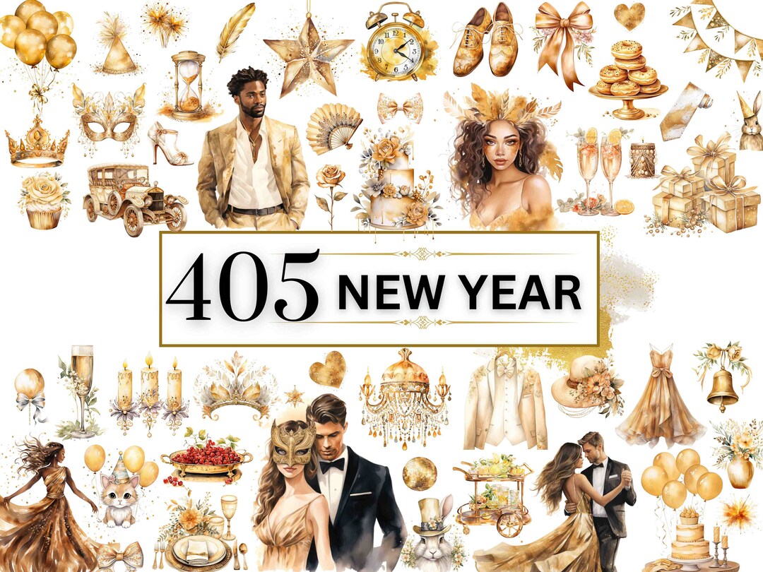 Boho New Year Clipart - 405 Watercolor New Year Clipart Pngs, New Years ...