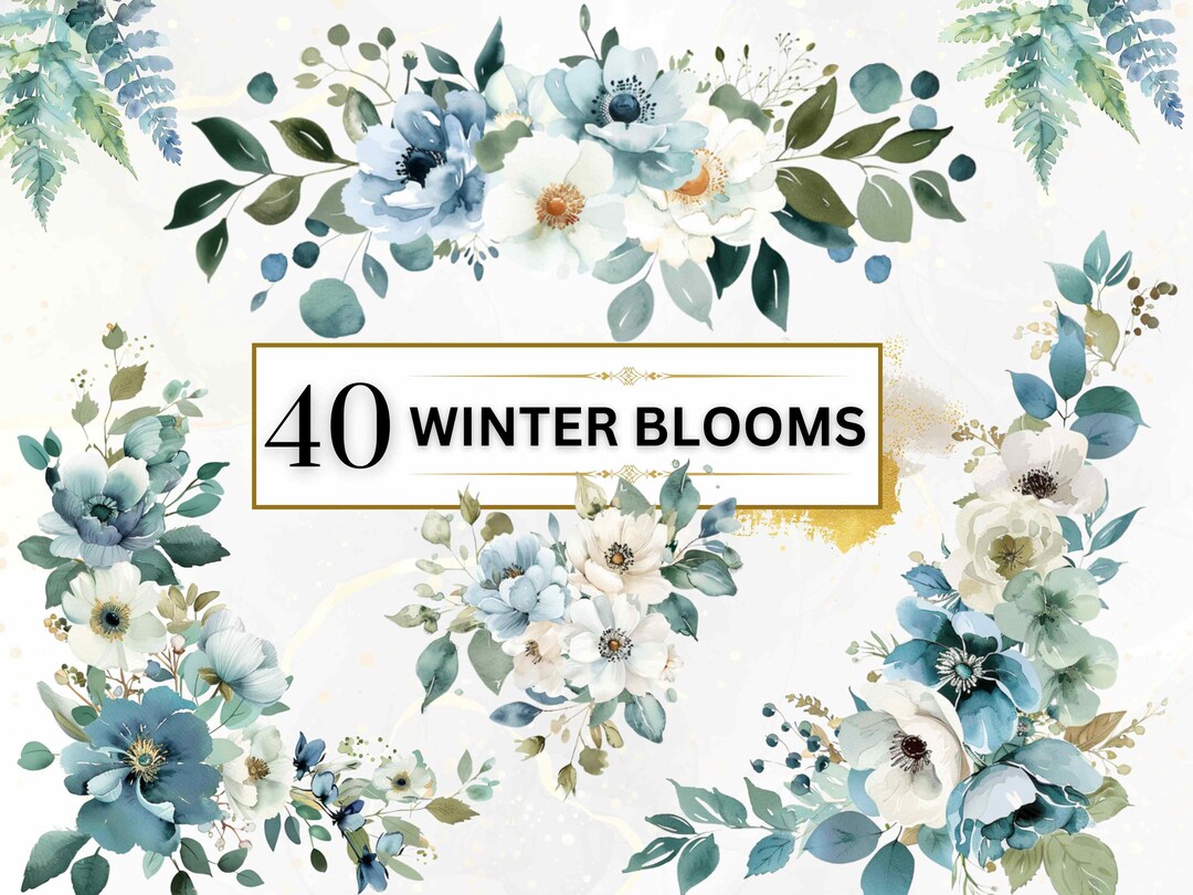 Winter Flower Clipart Watercolor Floral Clipart Blue Flower PNG Wedding ...