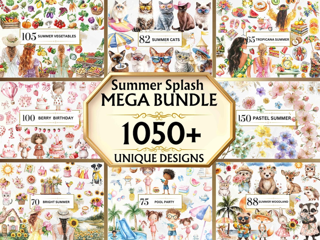 Summer Clipart Mega Bundle Watercolor Summer Cat Png,planner Clipart ...