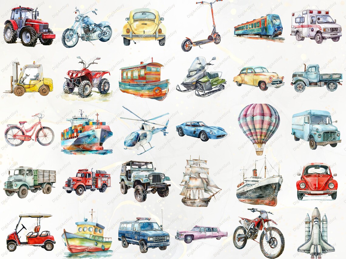 Transport Clipart Set Watercolor Public Transportation PNG Vehicle ...