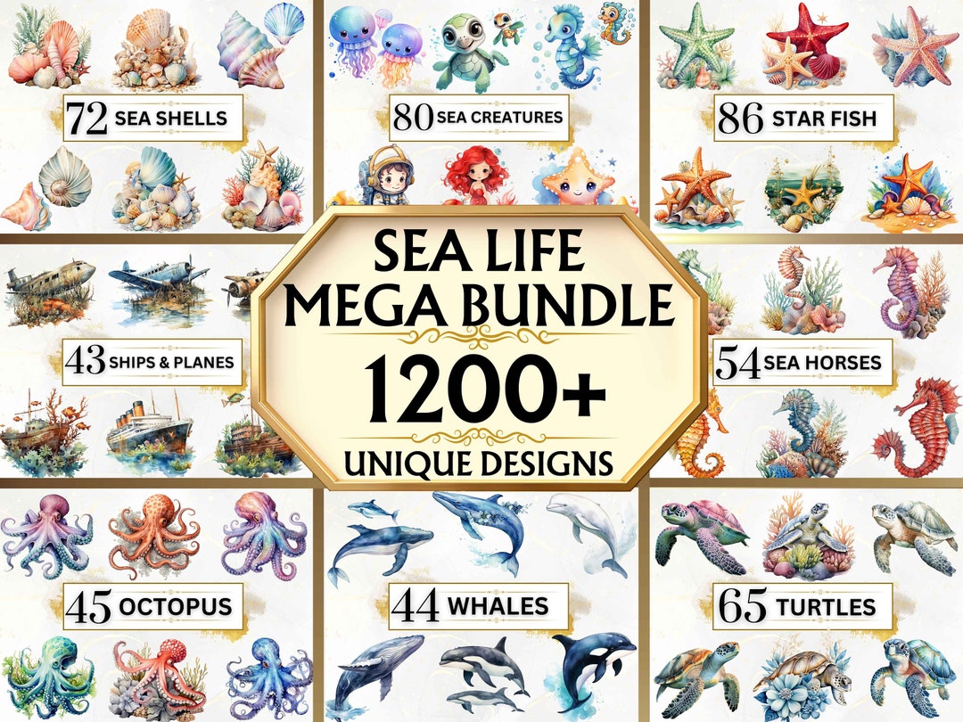 Sea Animals Clipart Bundle - 1200 Under the Sea Pngs, Cute Sea Animals ...