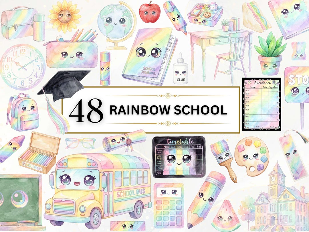 Rainbow School PNG Pastel Back to School Supplies Clipart Kawaii School ...