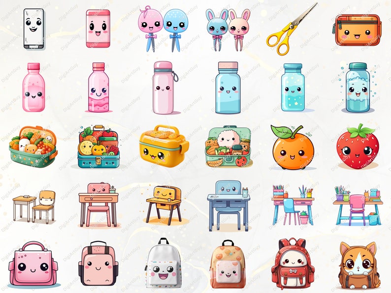 Kawaii Clipart Bundle - 180 Cute Kawaii PNG Clipart Set, Cute School ...