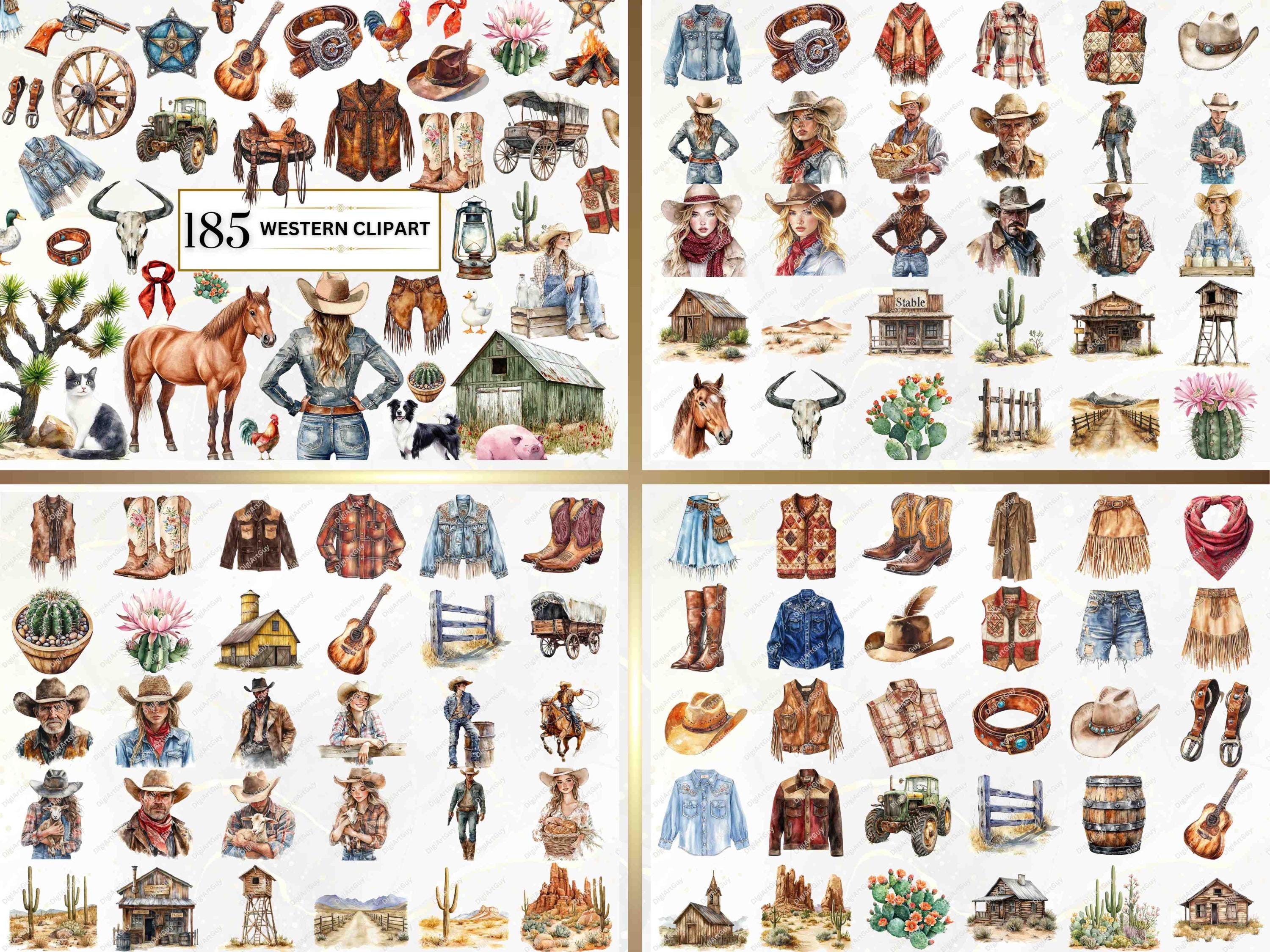 Western Mega Clipart Bundle Watercolor Western PNG Cowboy Clipart Farm ...