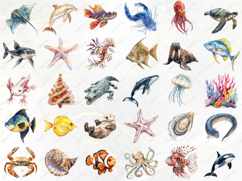 Watercolor Sea Animal Clipart Realistic Sea Animals PNG Under the Sea ...