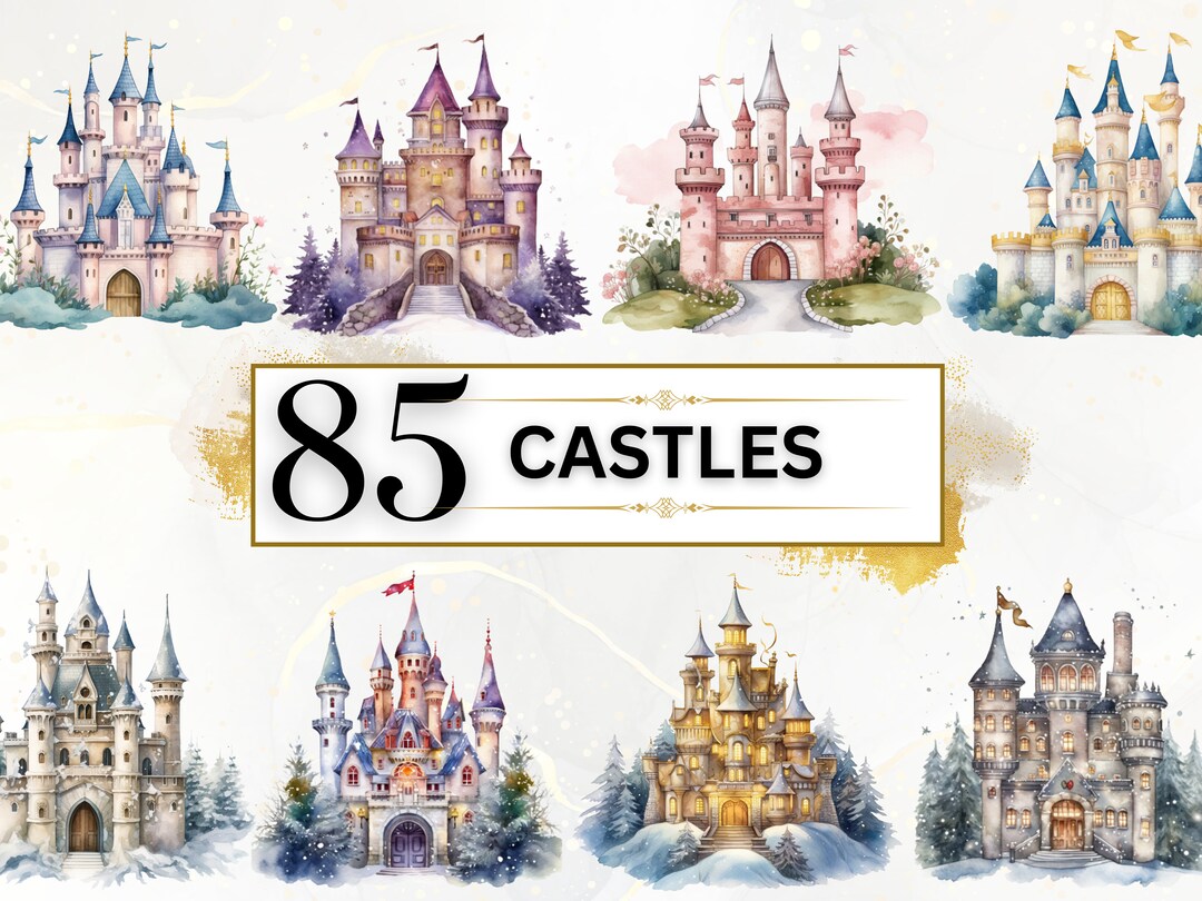 Castle Clipart - 85 Watercolor Castle Clipart Pngs, Fairy Tale Princess Castle Clipart, Winter ...