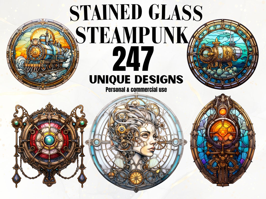 Stained Glass Steampunk Art - 247 Stained Glass Design Bundle, Digital ...