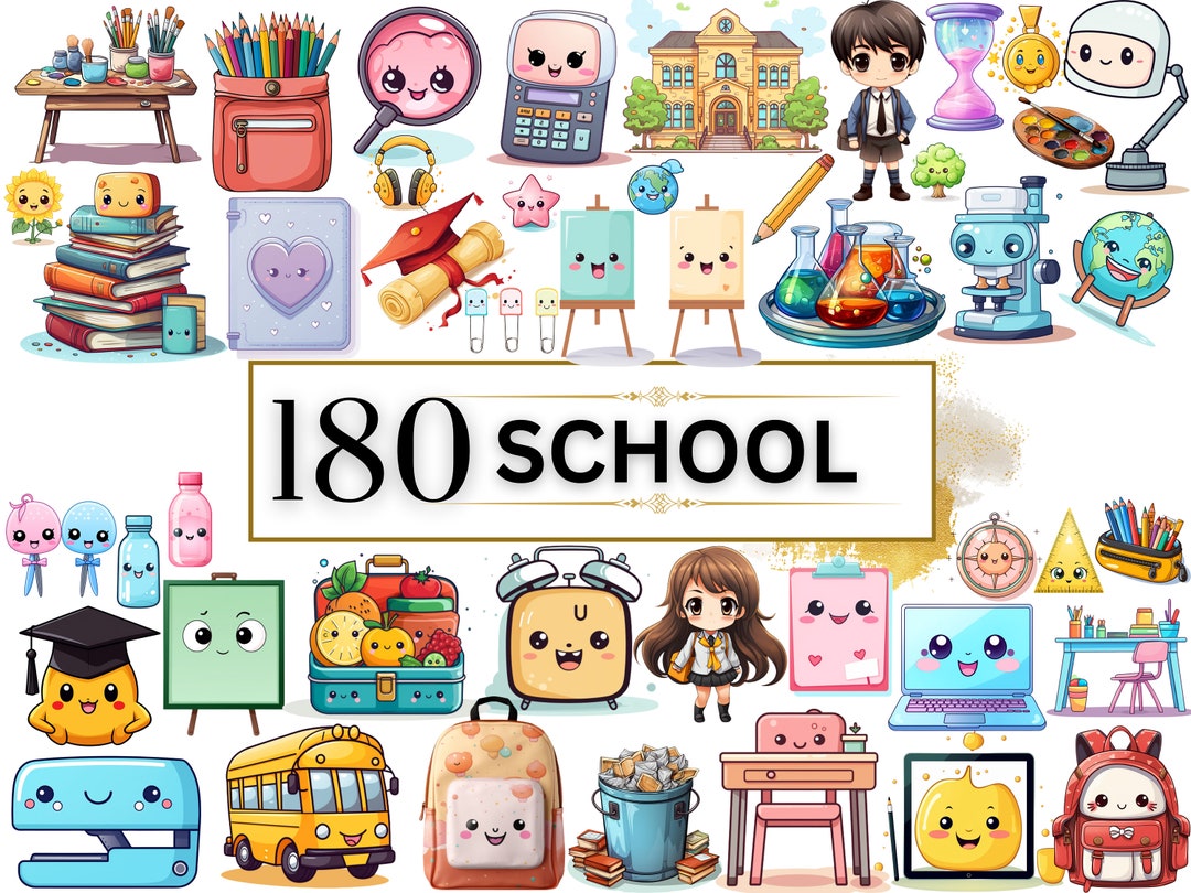 Kawaii Clipart Bundle - 180 Cute Kawaii PNG Clipart Set, Cute School ...