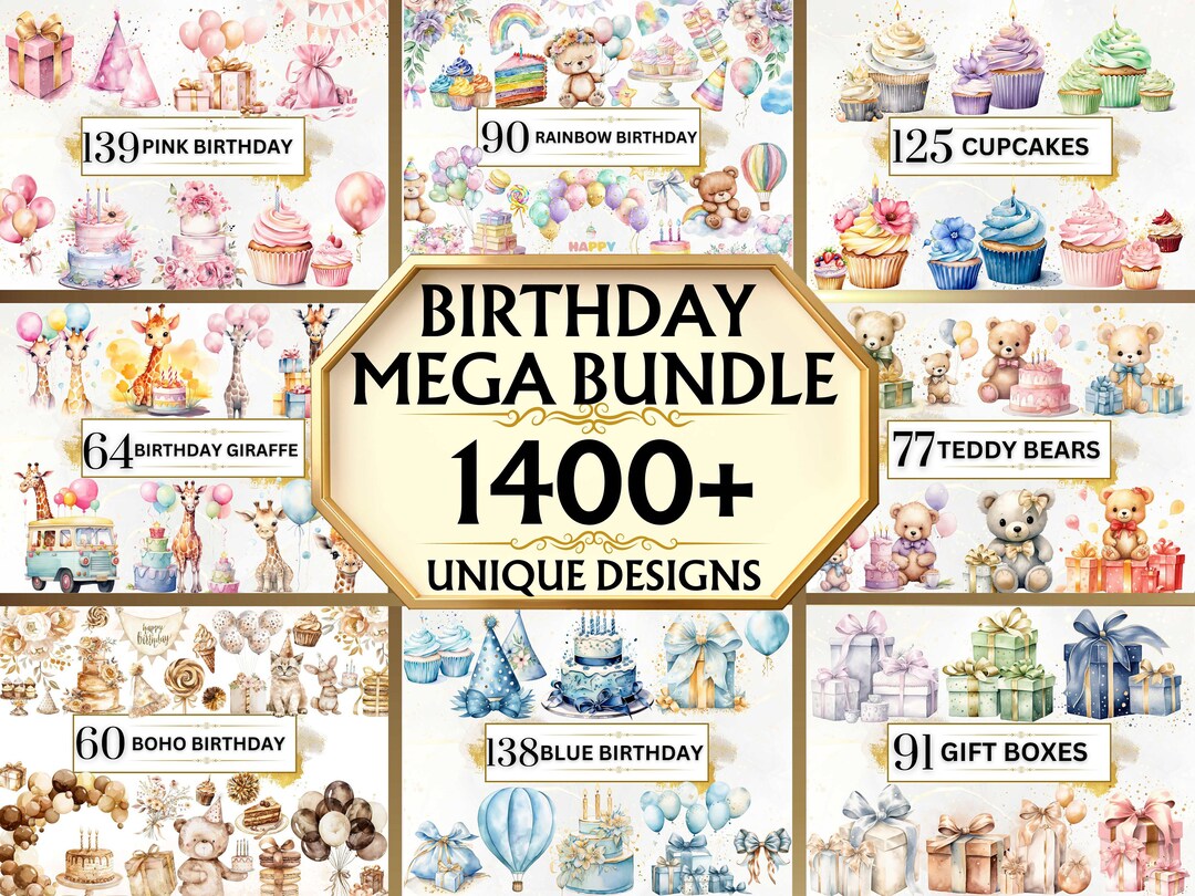 Birthday Clipart Bundle - 1400+ Birthday PNG, Watercolor Birthday ...