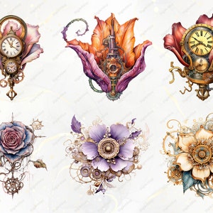 Steampunk Flower Clipart Bundle - 201 Watercolor Steampunk Clipart ...