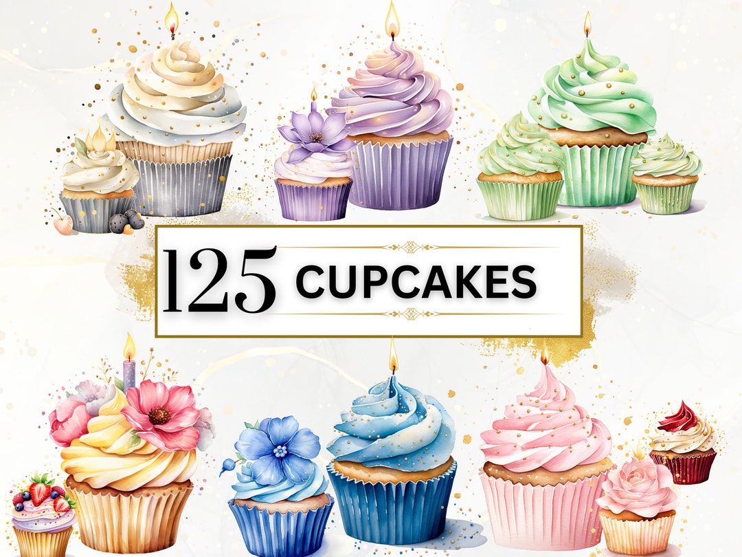 Cupcakes Clipart Bundle - 125 Birthday Pngs, Watercolor Birthday ...
