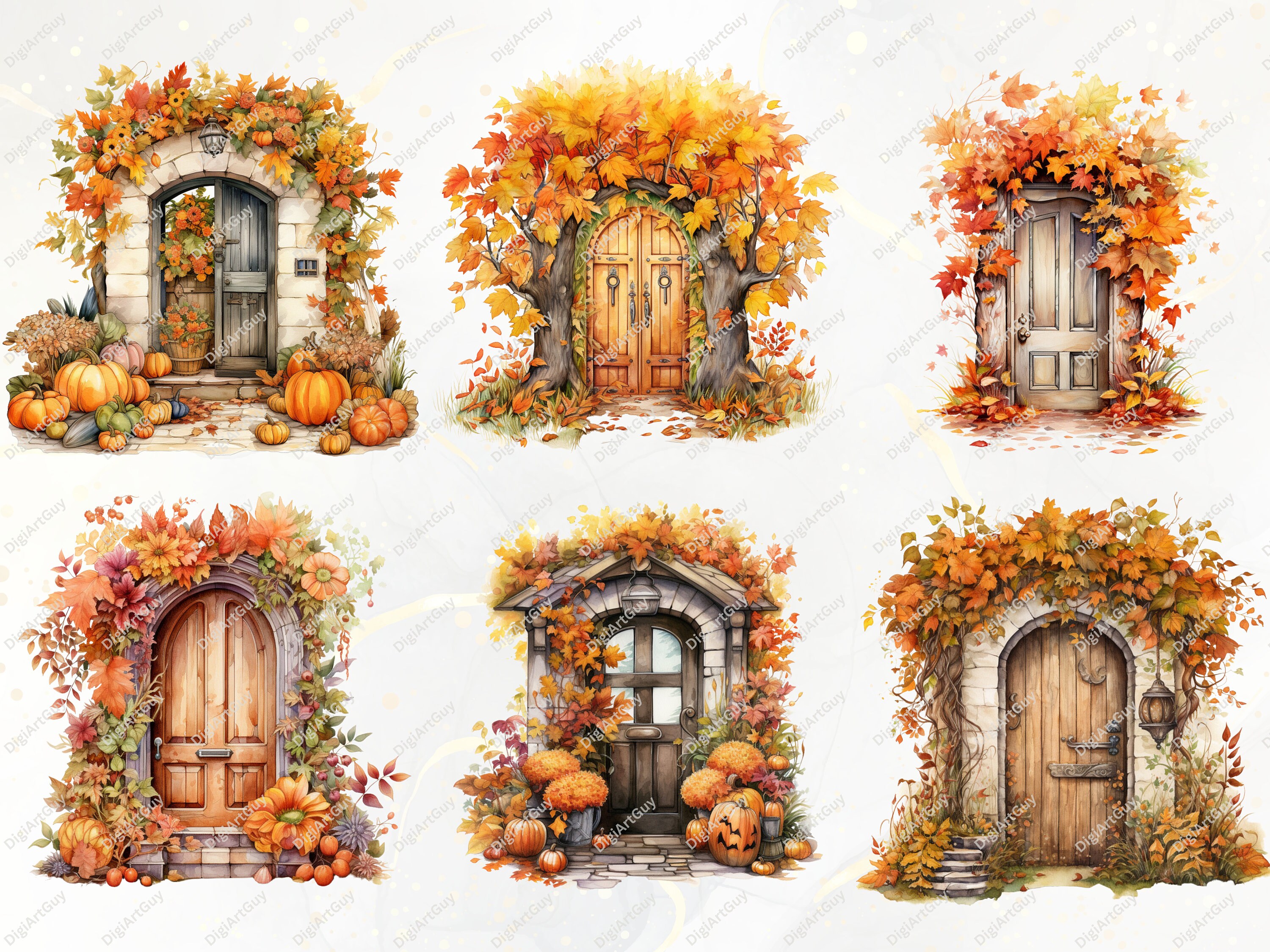 Autumn Door Bundle - 26 Fall Clipart Pngs, Fall Watercolor Clipart ...
