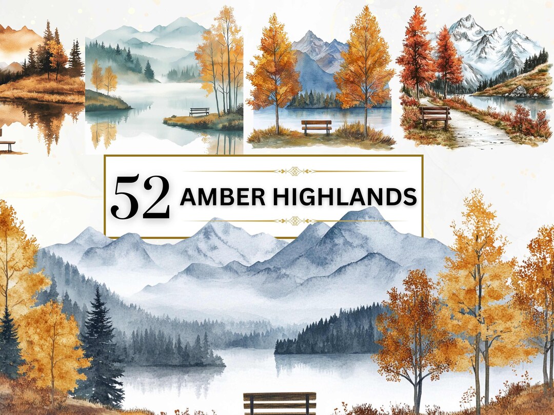 Amber Highlands Watercolor Landscape Clipart Autumn Mountain PNG Nature ...