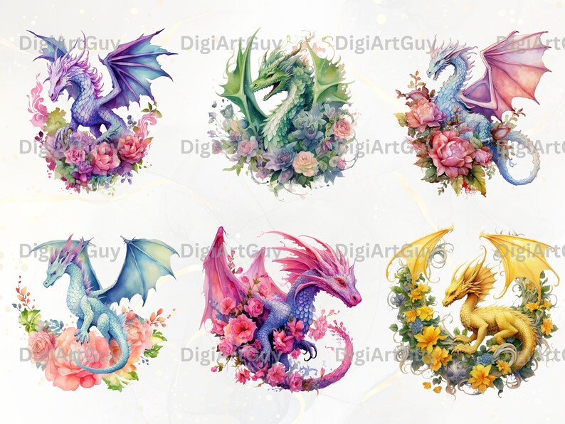 Flower Dragons Clipart Bundle - 59 Unique Dragon Pngs, Dragon Clipart ...