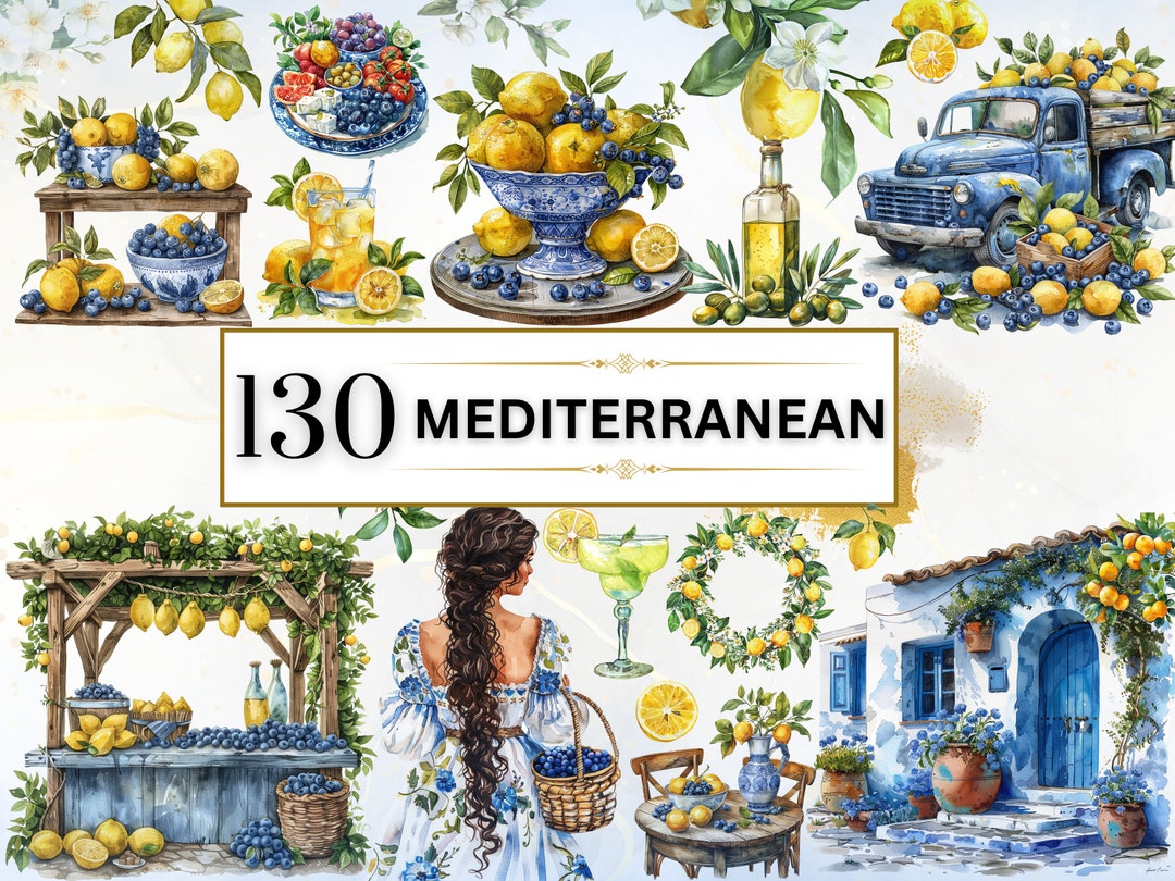 Mediterranean Watercolor Clipart Set Mediterranean Tile Seamless ...