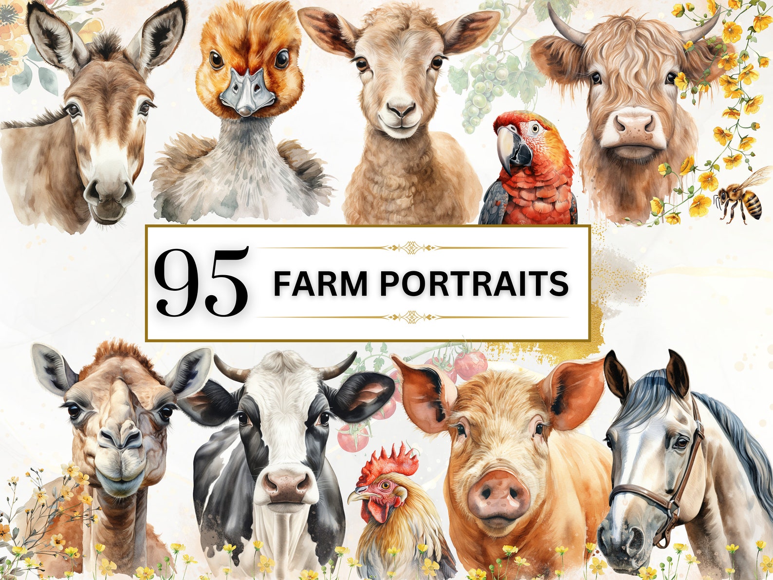 Farm Clipart Watercolor Farm Animals PNG Farm Animal Portrait Clipart ...