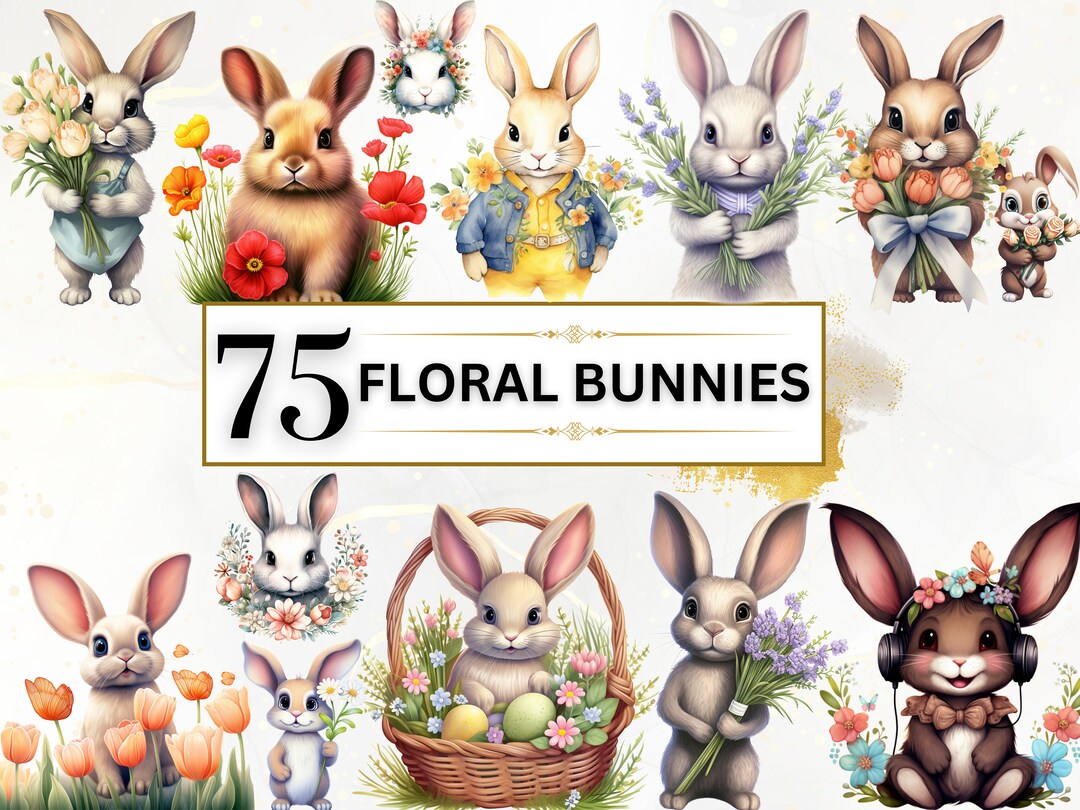 Floral Bunny Clipart Cute Rabbit PNG Animal Clipart Cute Bunny PNG ...
