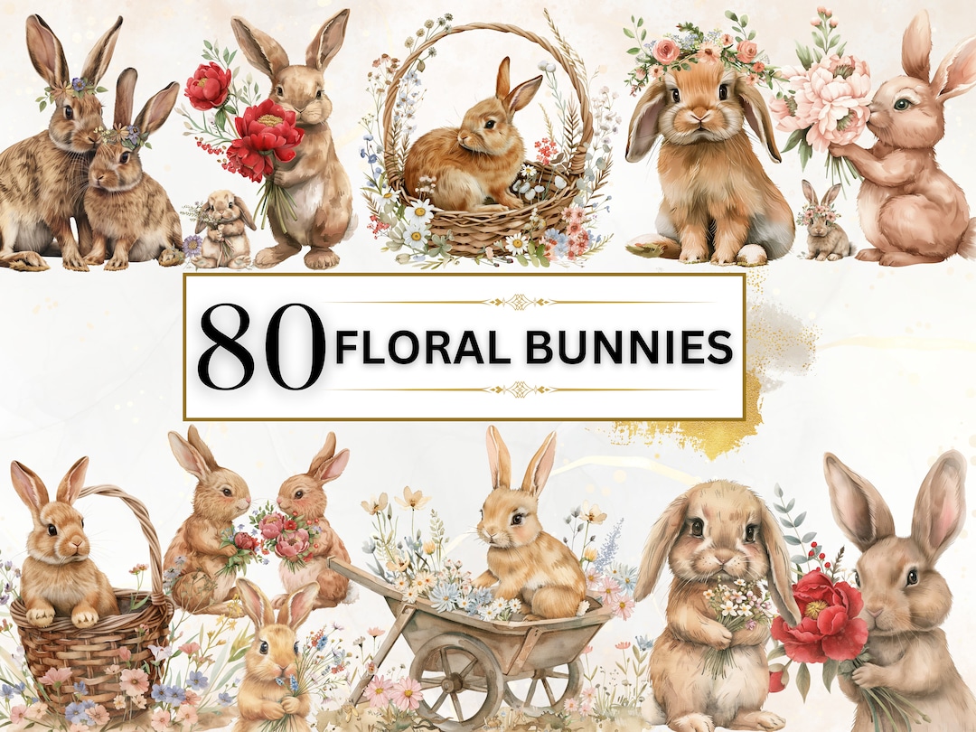 Floral Rabbit Clipart Watercolor Bunny Clipart Floral Bunny PNG Animal ...