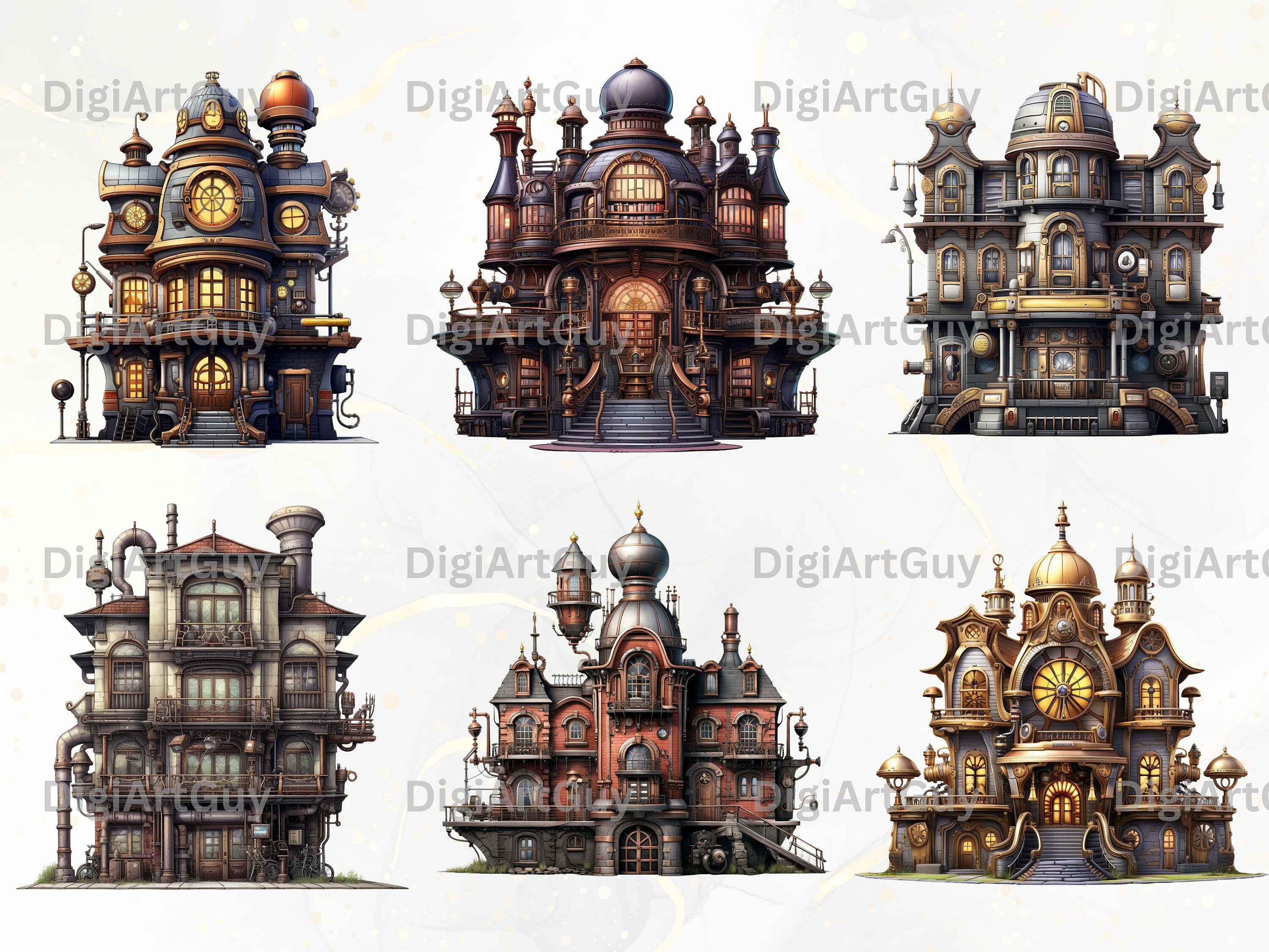 Steampunk Buildings Clipart Bundle - Watercolor Steampunk Pngs ...