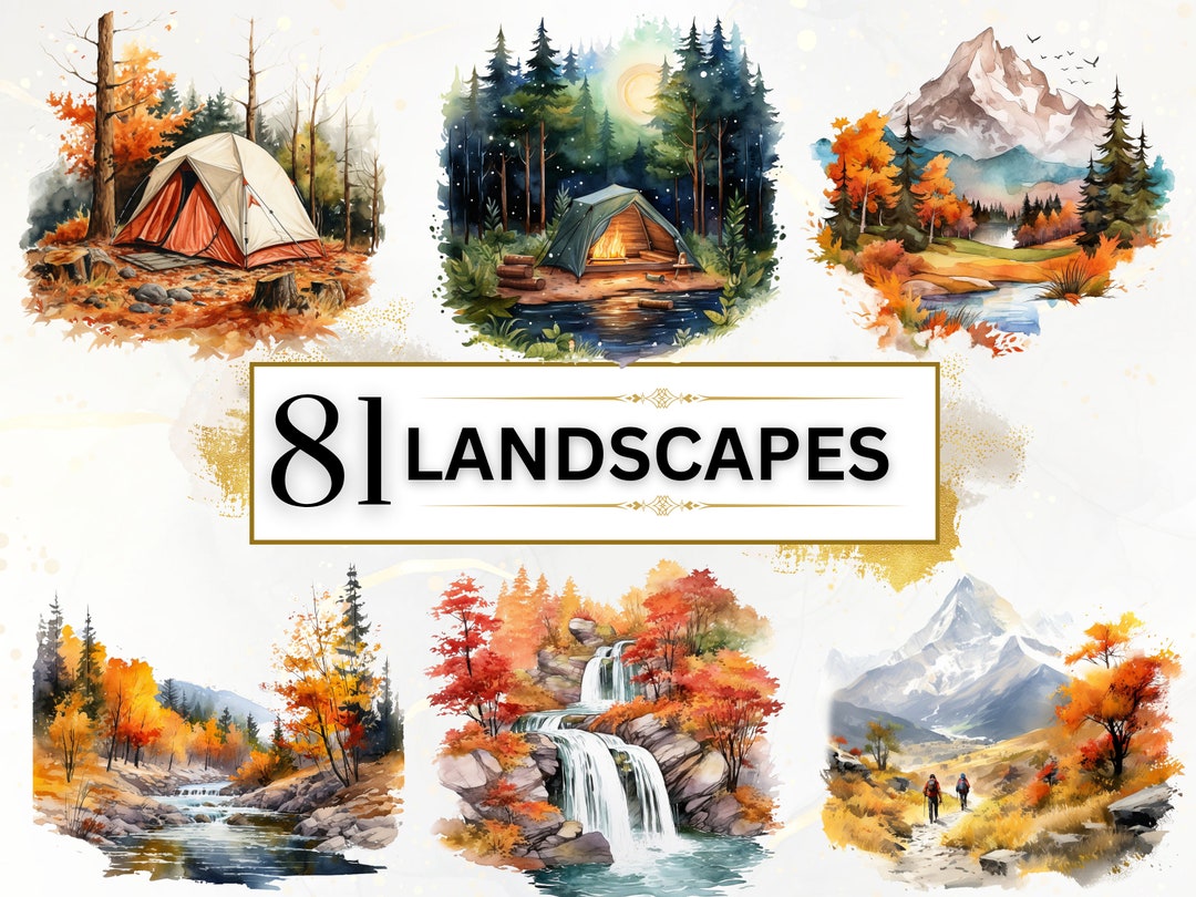 Mountain Landscape Bundle - 81 Landscape Clipart Pngs, Fall Watercolor ...