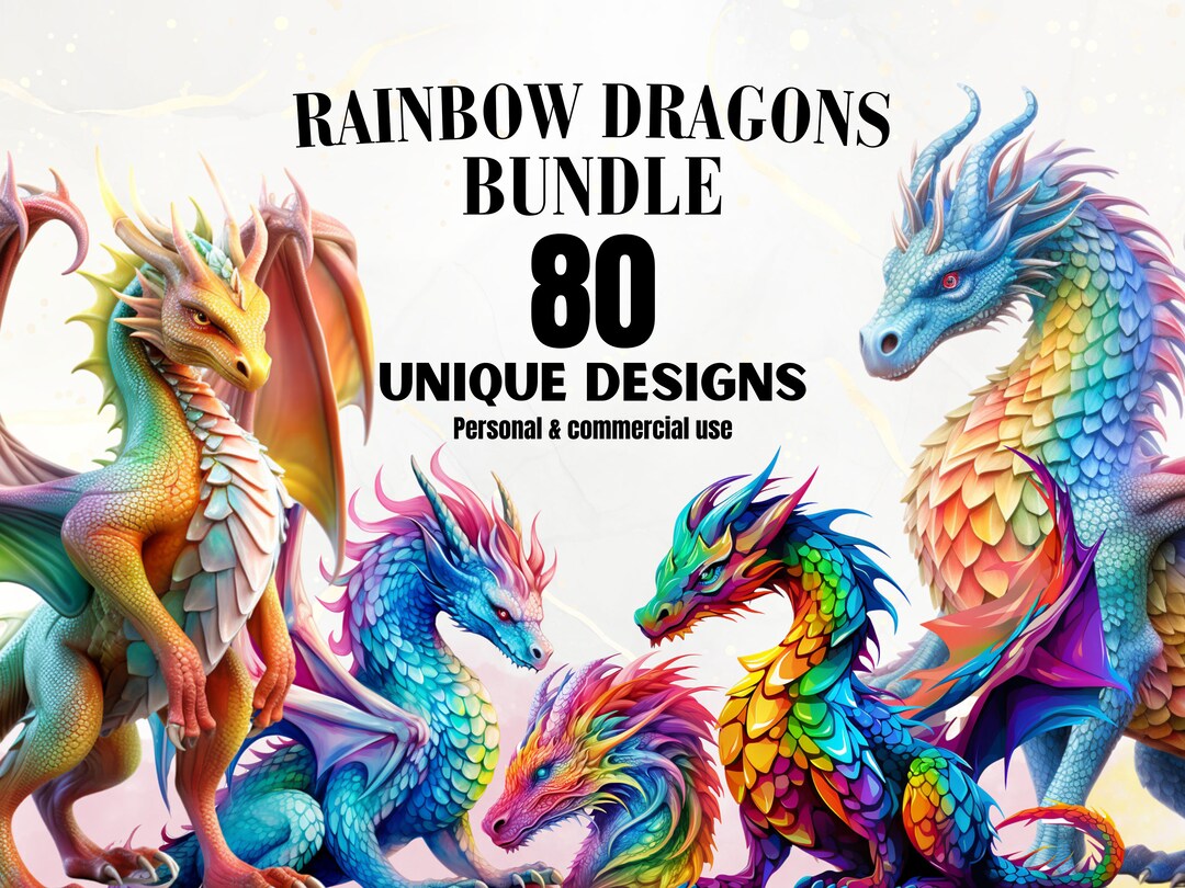 Rainbow Dragons Clipart Bundle - 80 Rainbow Dragon Pngs, Dragon Clipart ...