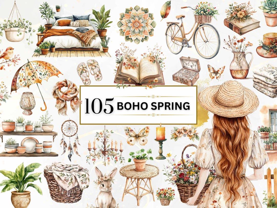 Boho Spring Clipart Watercolor Spring PNG Bunny Clipart Floral Spring ...