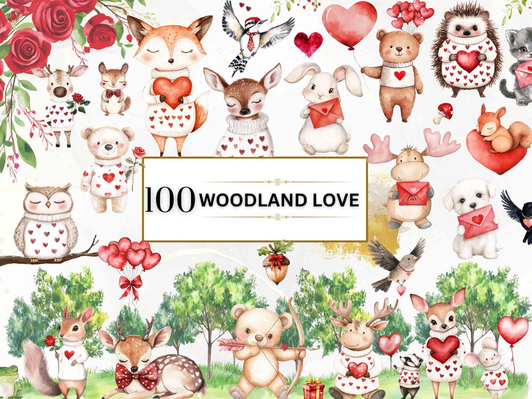 Woodland Love Clipart Valentines Animal PNG Cute Woodland Animals PNG ...