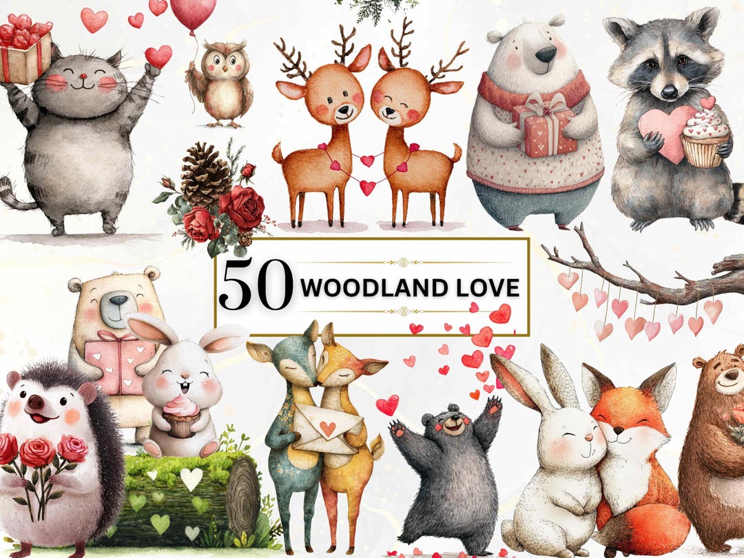 Valentines Day Woodland Animals Clipart Watercolor Whimsical PNG ...