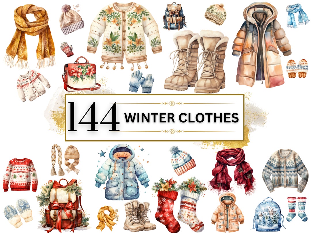 Winter Clothes Clipart - 144 Watercolor Winter Clipart Pngs, Winter PNG ...