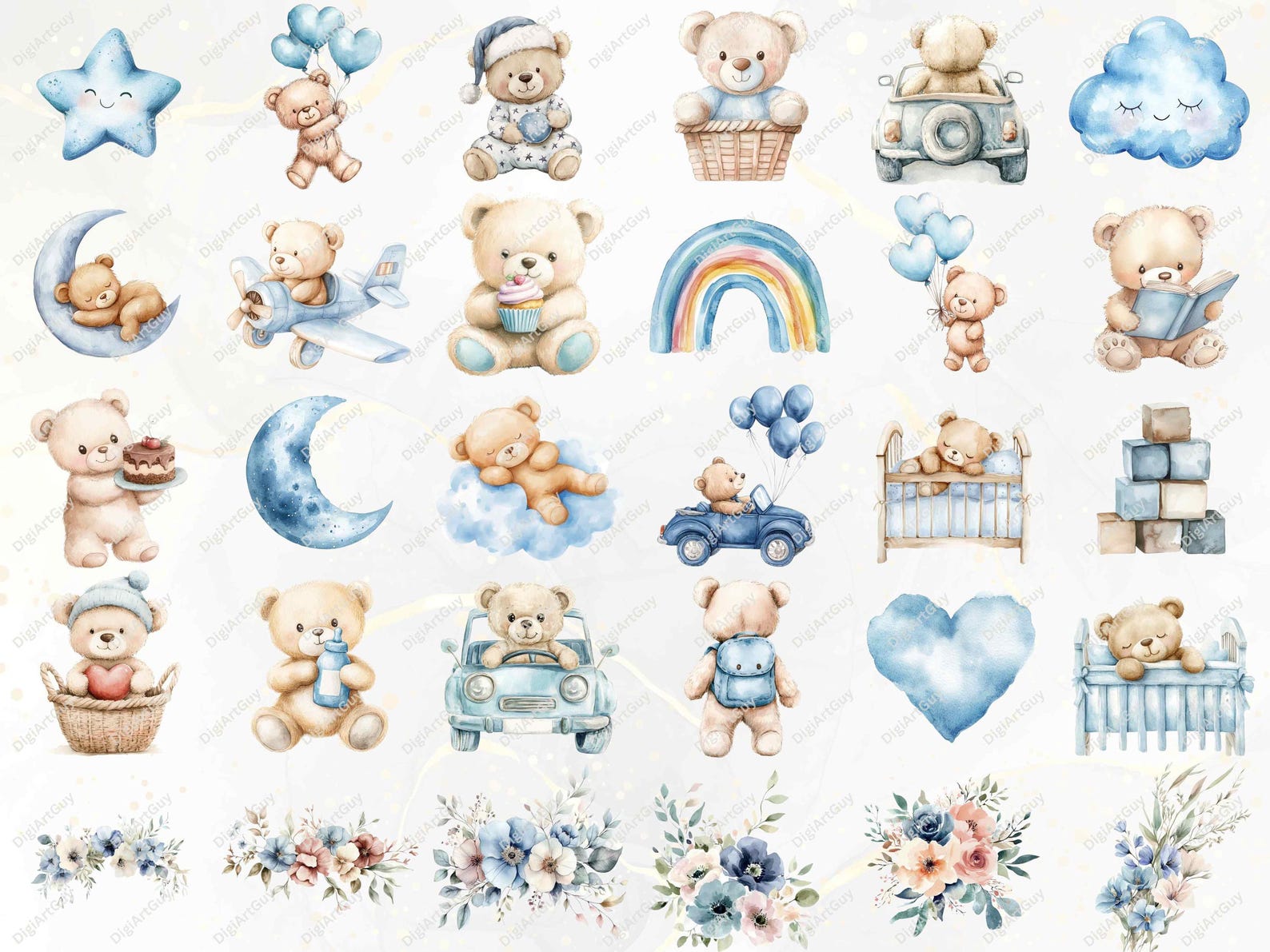Blue Teddy Bear Watercolor Clipart Teddy Bear PNG Blue Baby Shower ...