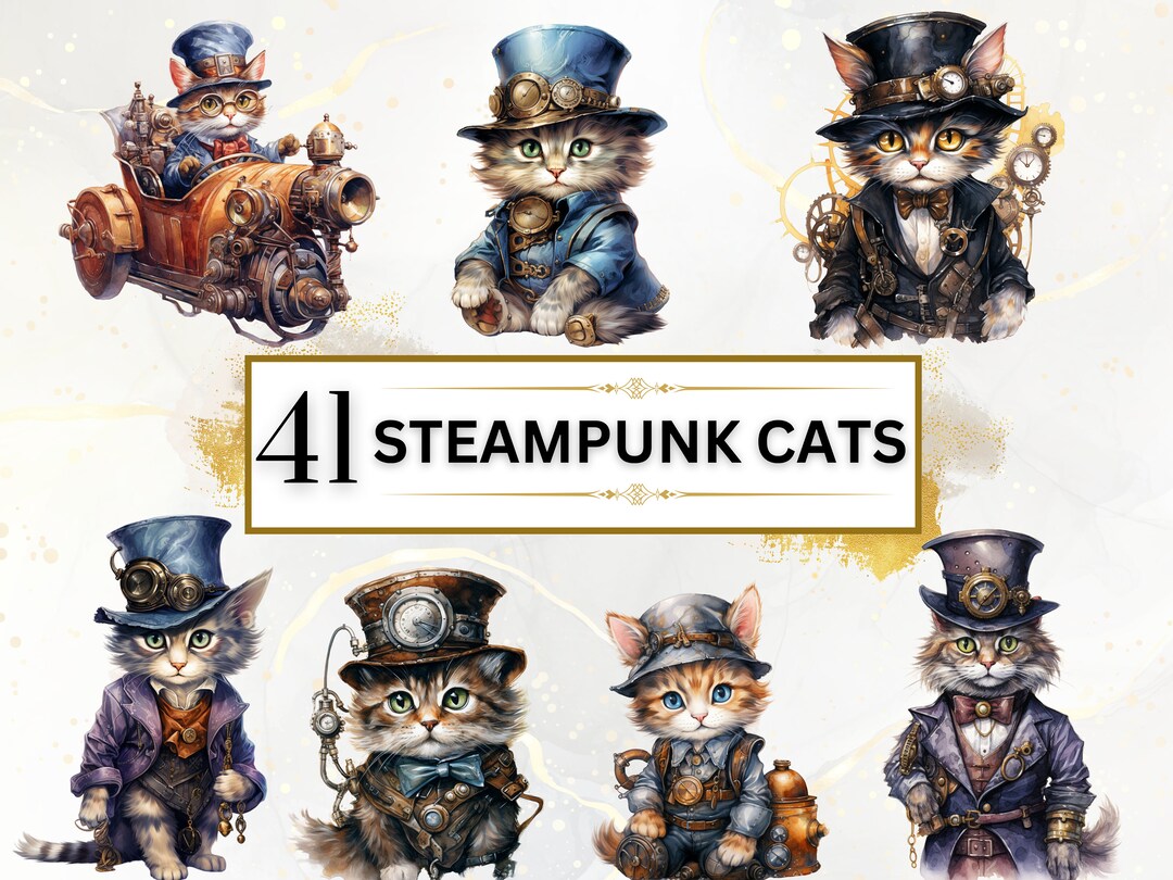 Watercolor Steampunk Cats PNG Bundle - 41 Cats Clipart Pngs, Cats ...