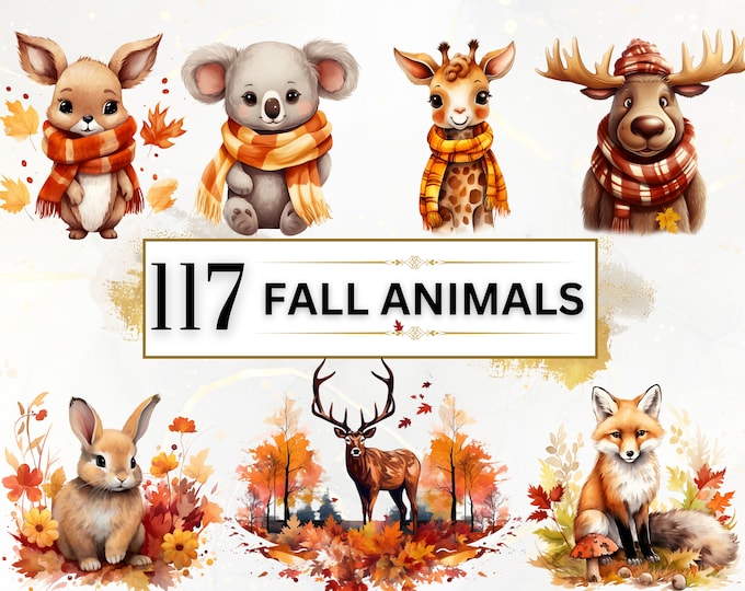 Fall Baby Animals in Leaves 25pc PNG & SVG | Baby Animals Clipart ...