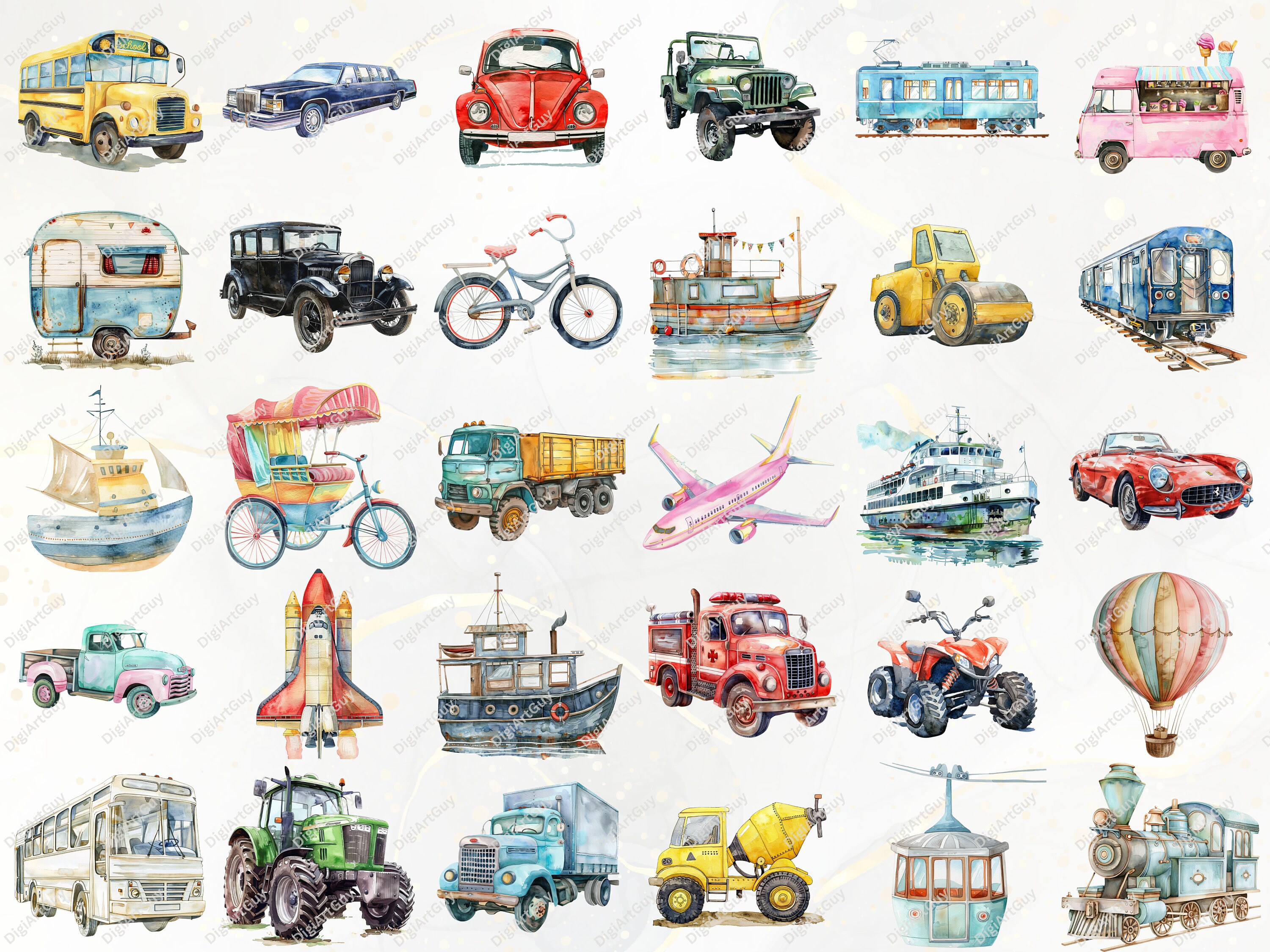 Transport Clipart Set Watercolor Public Transportation PNG Vehicle ...