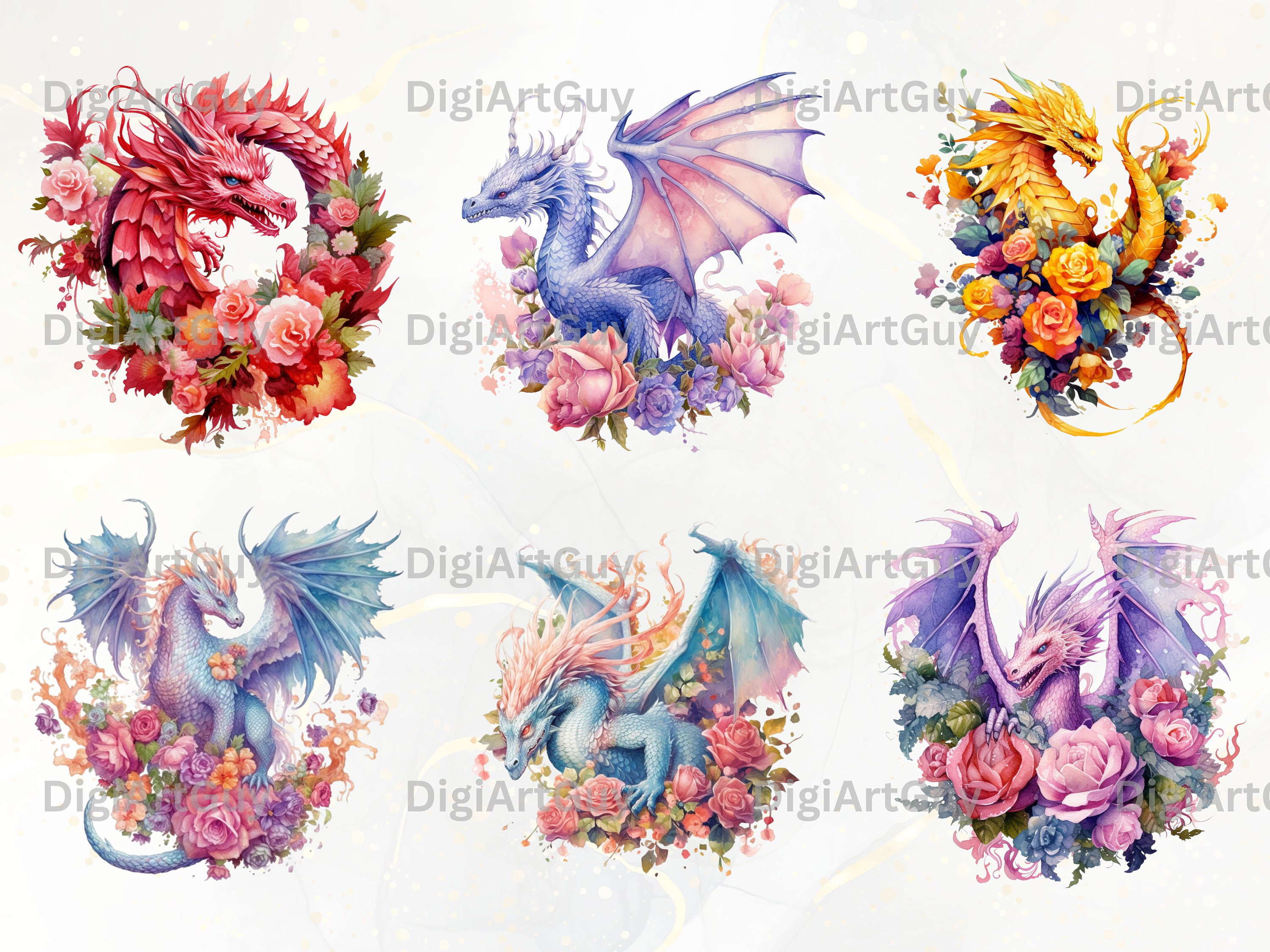 Flower Dragons Clipart Bundle 59 Unique Dragon Pngs Dragon - Etsy