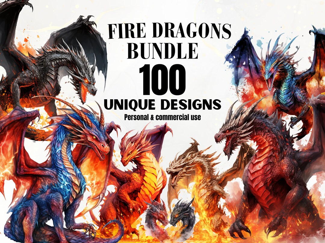 Fire Dragons Clipart Bundle - 100 Fire Dragon Pngs, Dragon Clipart ...