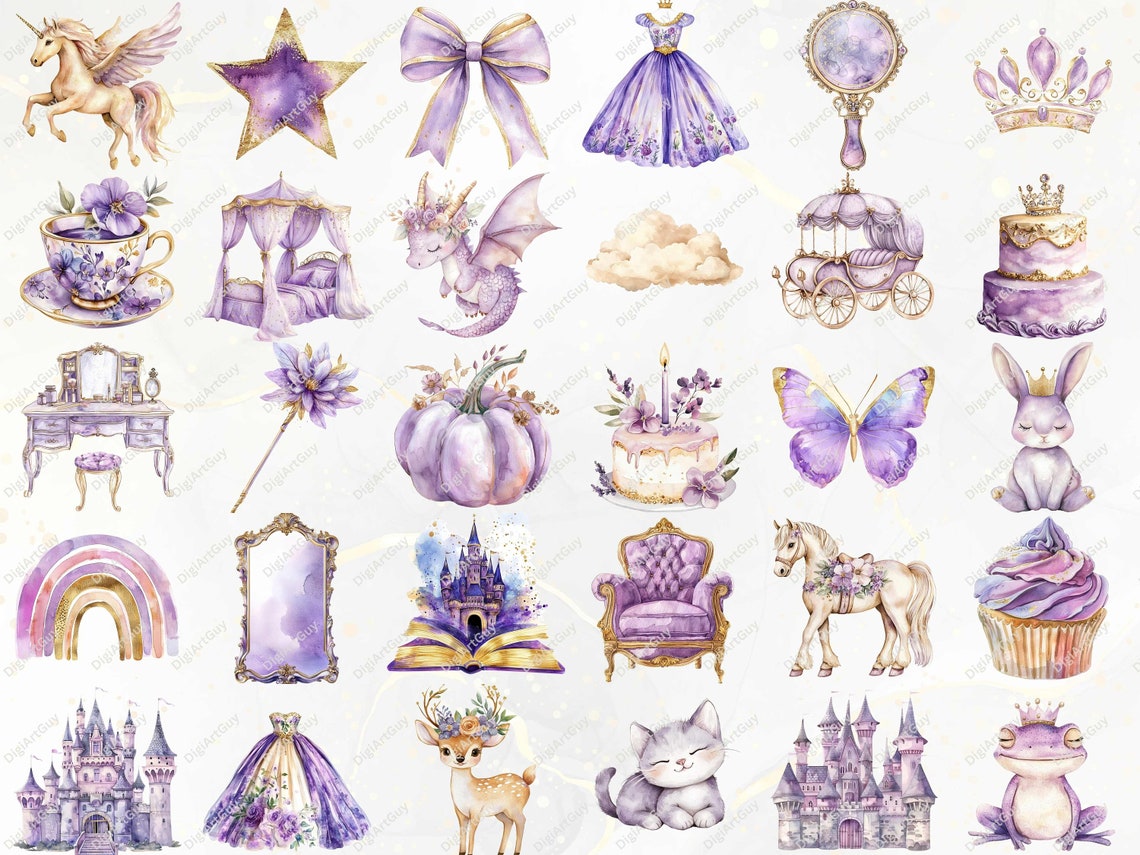 Lilac Princess Watercolor Clipart Cute Princess PNG Cinderella Clipart ...
