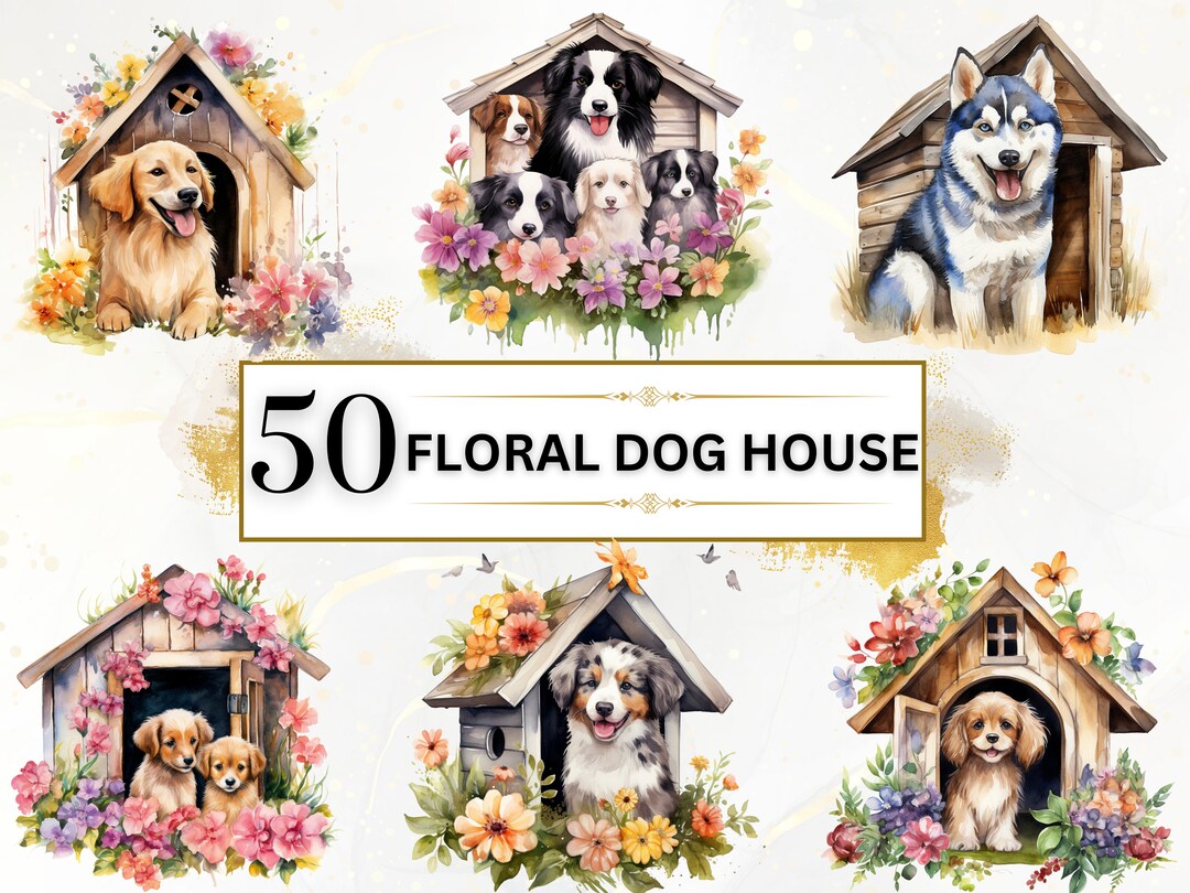 Dog Clipart Bundle - 50 Dogs Clipart PNG, Floral Dog House Clipart ...