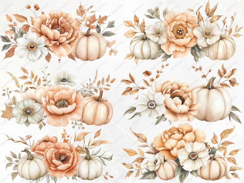 Floral Pumpkin Clipart Watercolor Autumn Clipart Flower Pumpkin PNG ...