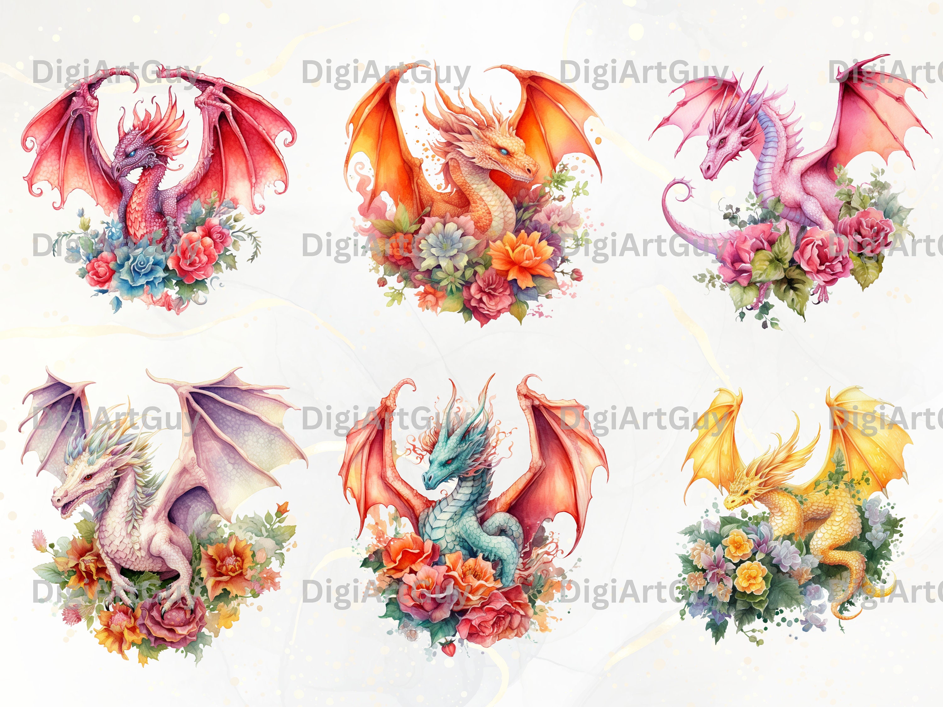 Flower Dragons Clipart Bundle 59 Unique Dragon Pngs Dragon - Etsy
