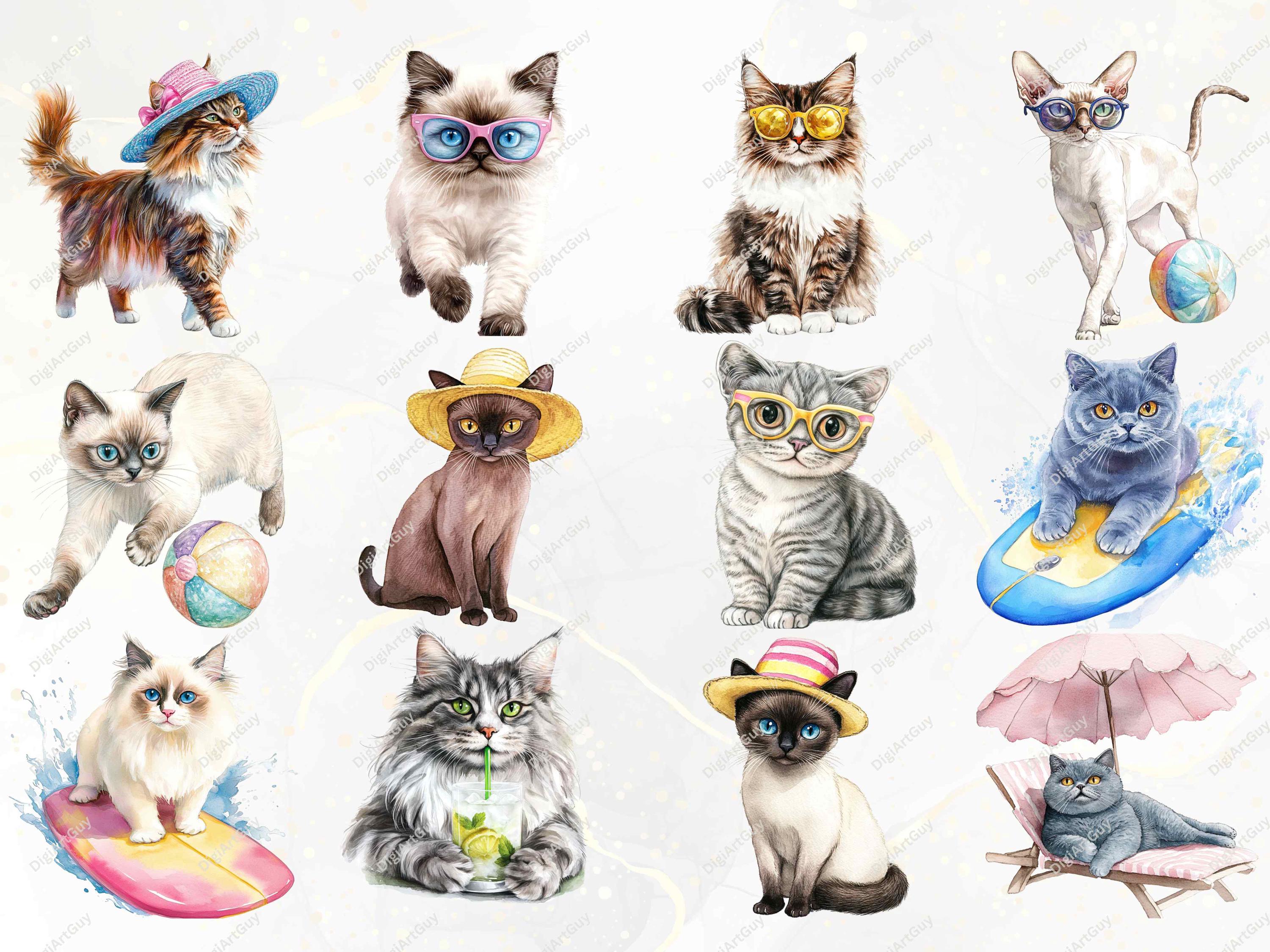 Summer Cat PNG Cat Breeds PNG Bundle Tropical Summer Clipart Watercolor ...