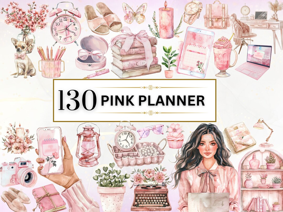 Planner Clipart Watercolor Pink Journal Clipart Planner Stickers ...