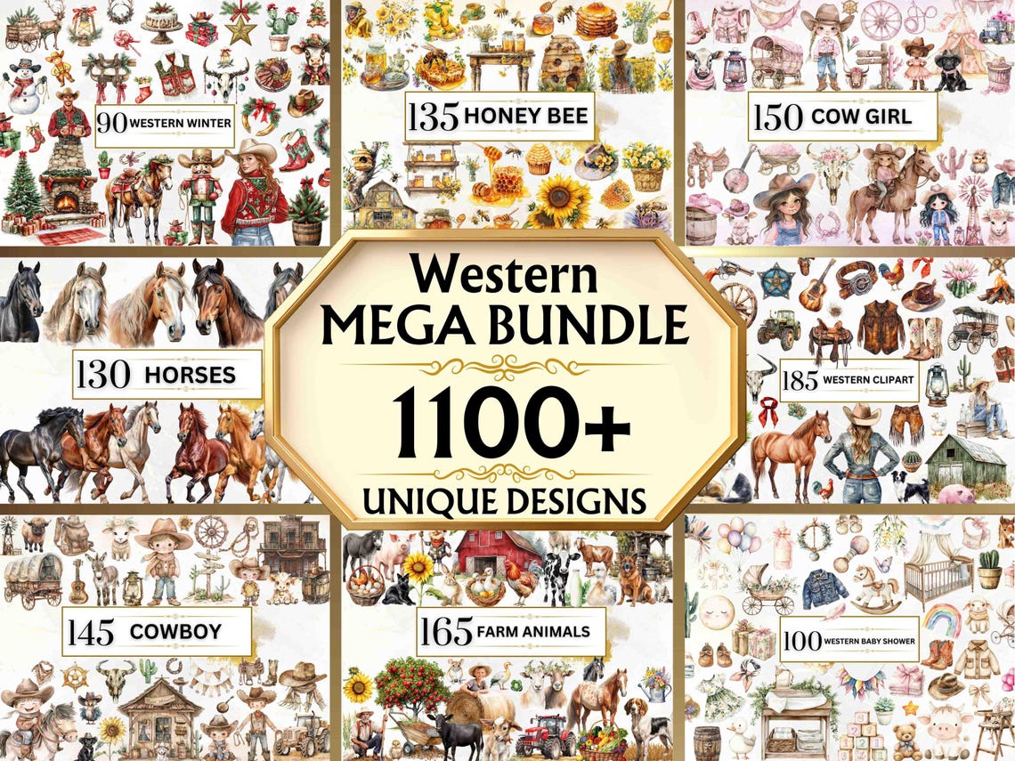Western Mega Clipart Bundle Watercolor Western PNG Cowboy Clipart Farm ...