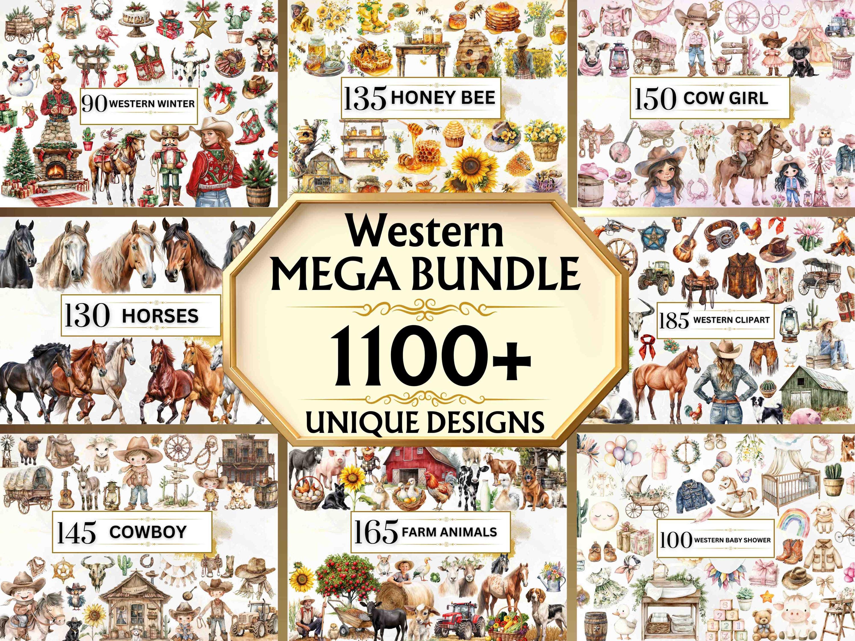 Western Mega Clipart Bundle Watercolor Western PNG Cowboy Clipart Farm ...